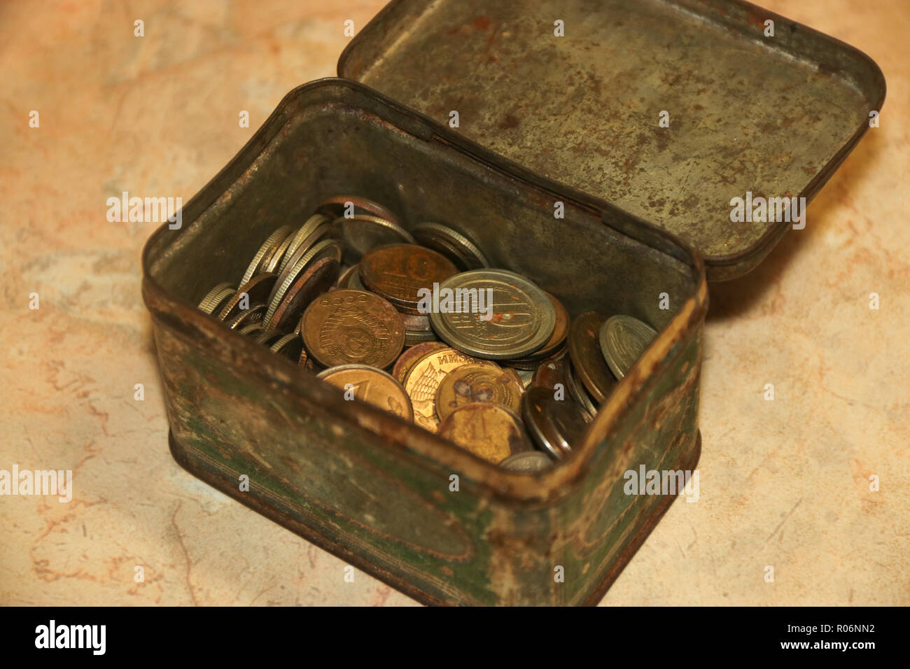 Old soviet union coins collection numismatic in shabby green tea box on ...