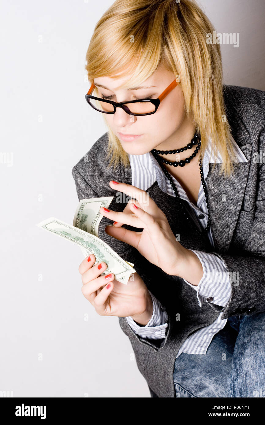 portrait of businesswoman with money isolated on white background Stock ...