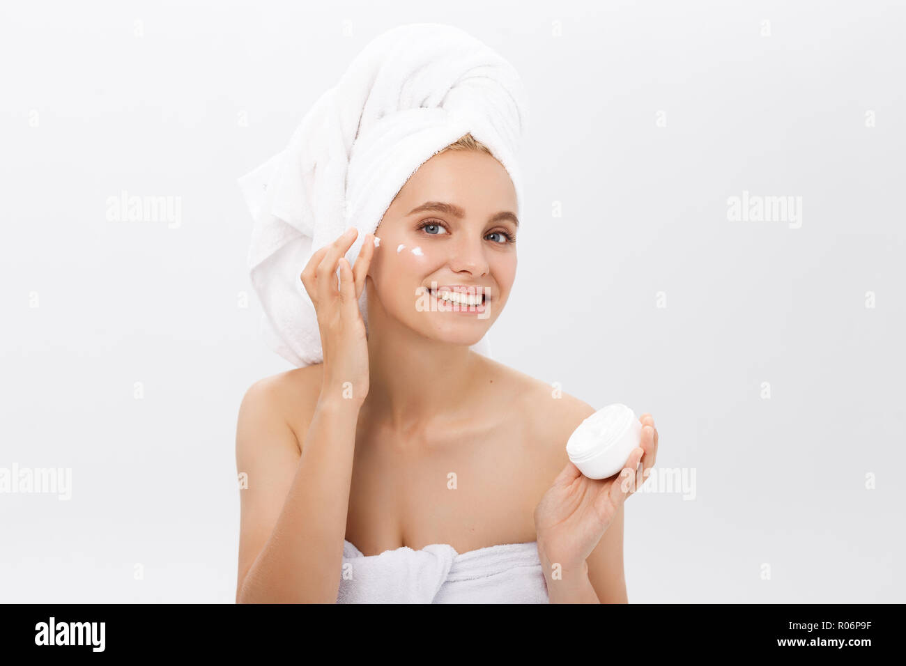 Teenage girl with perfect clean skin, close-up face isolated on white ...
