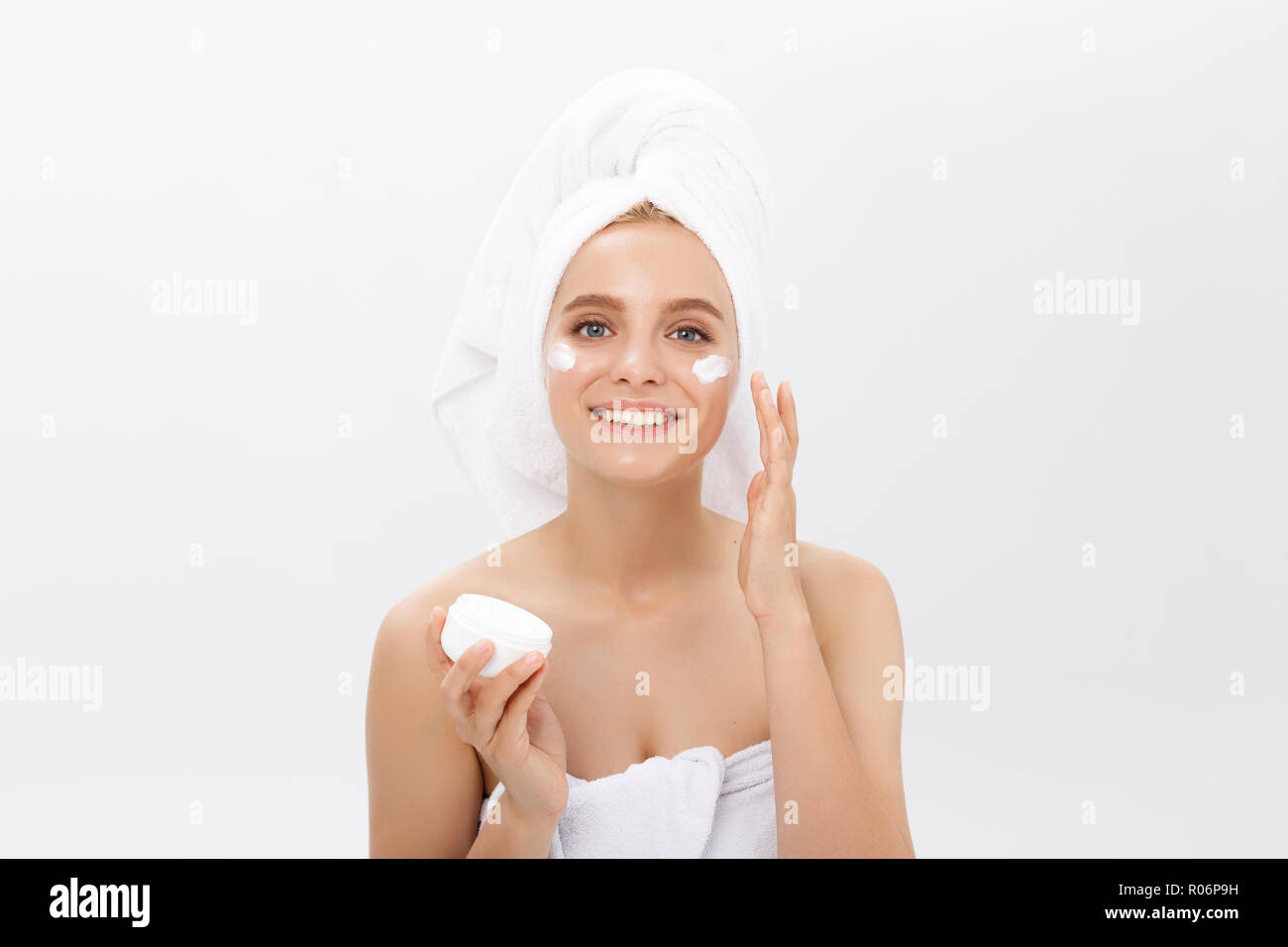Teenage girl with perfect clean skin, close-up face isolated on white ...