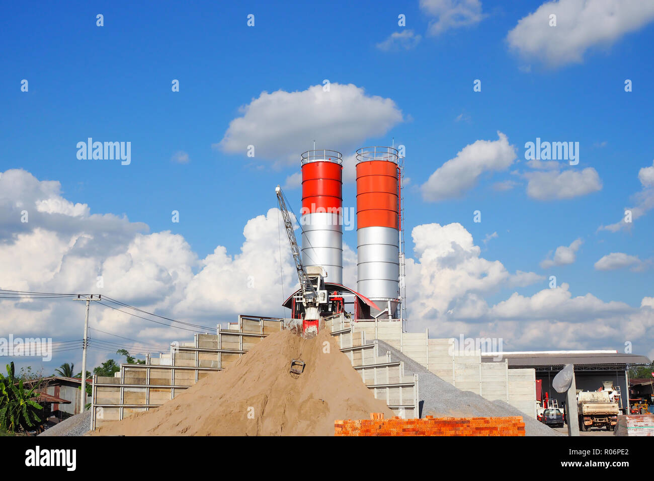 Cement factory machinery on blue sky with cloud background, industry ...