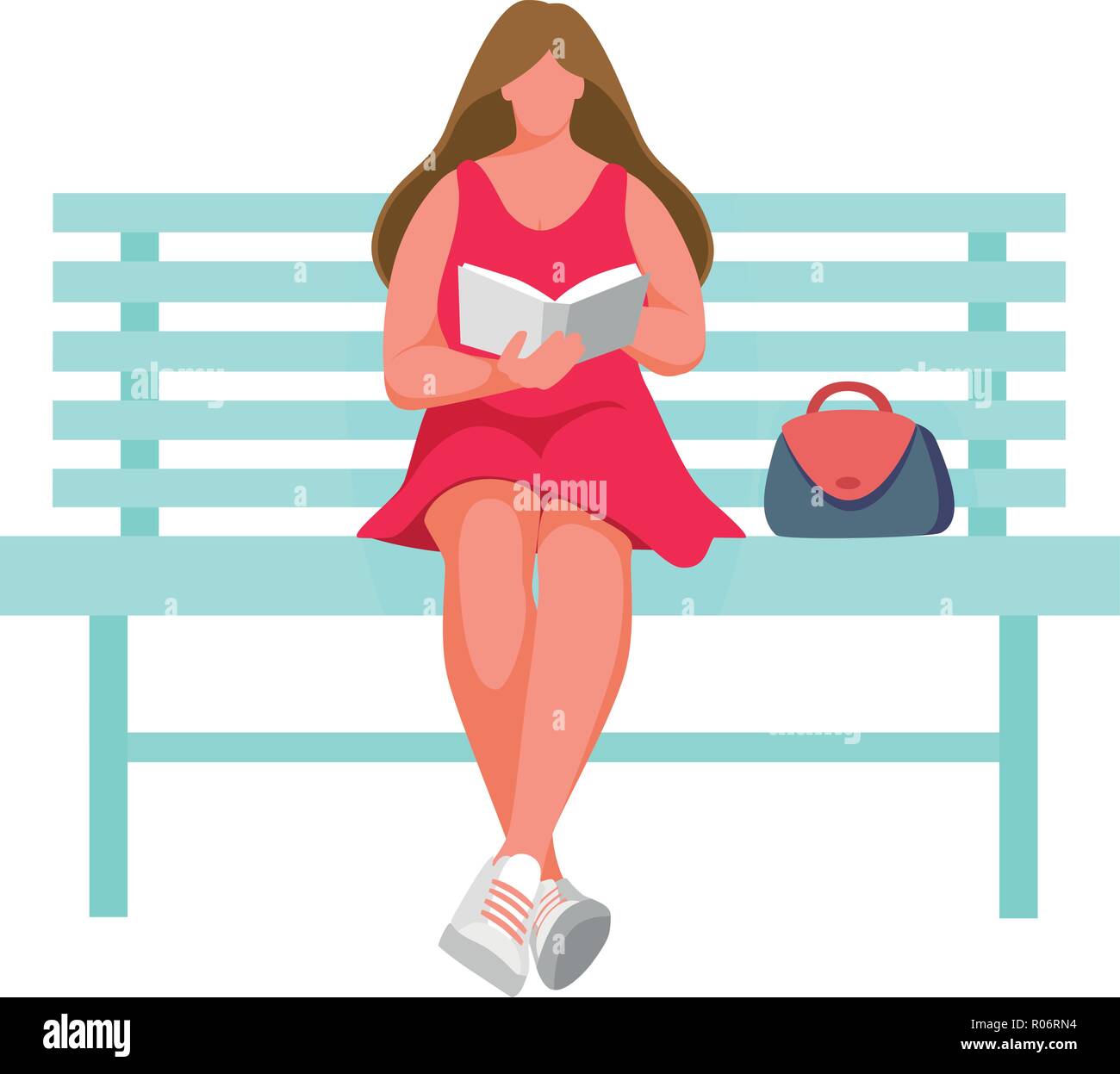 Girl sitting on bench. Woman reading book. Girl in red dress Vector ...