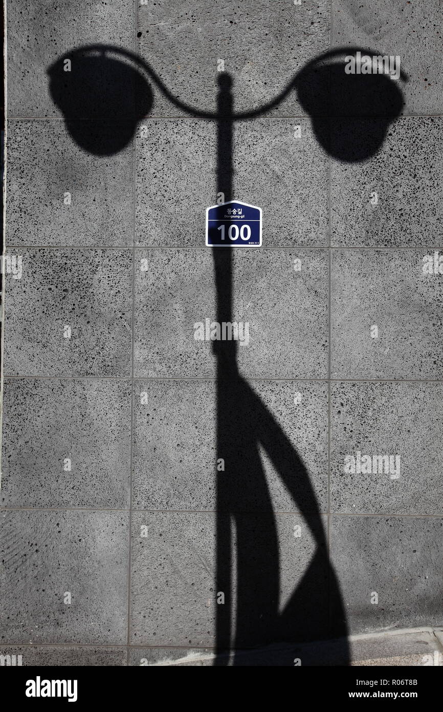 Vertical view. Shadow of a lamp post in the street of Seoul, South ...