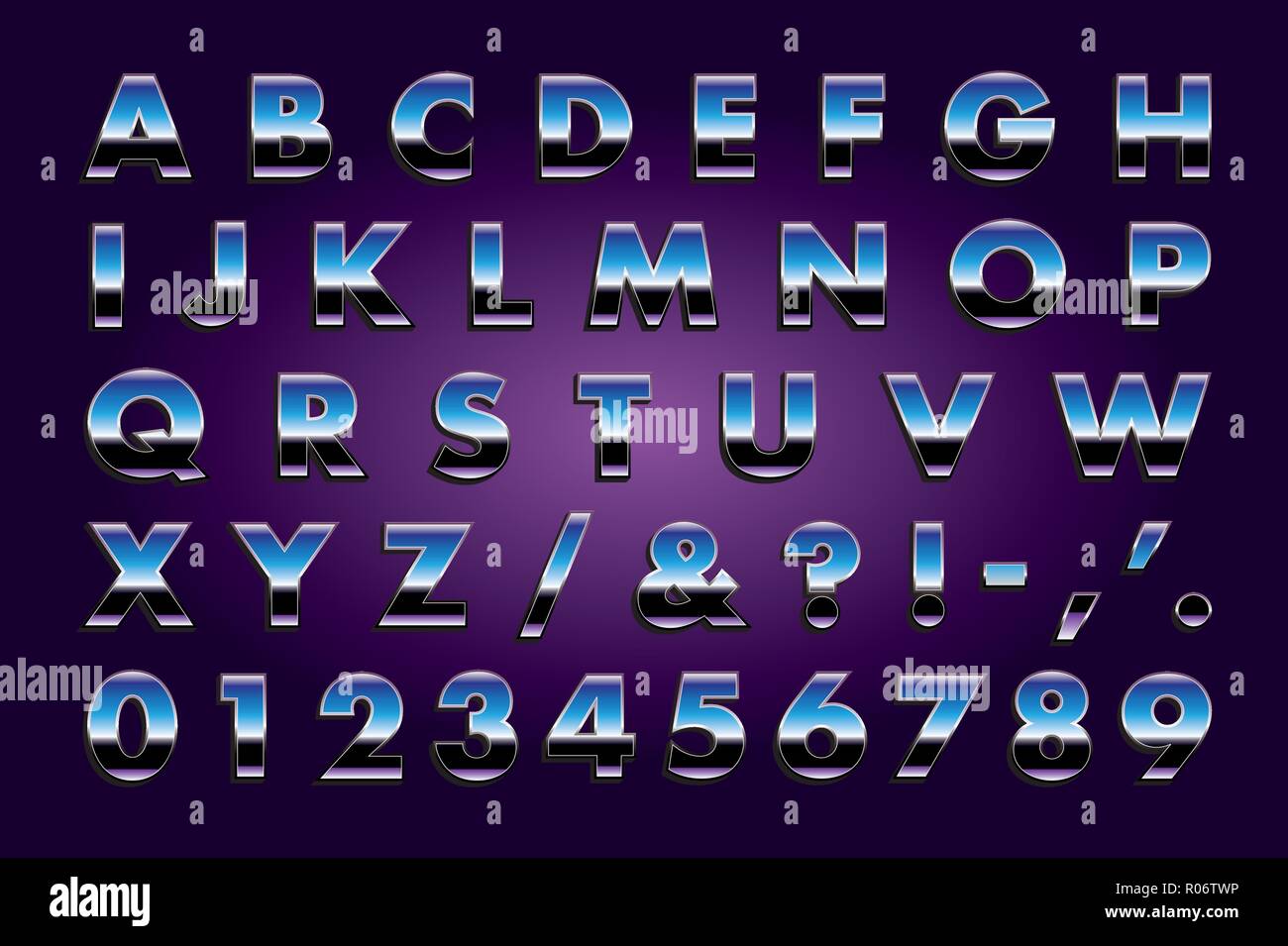 Retro 80's Letters - Metallic Type. Vector Alphabet, Symbols, Numbers ...