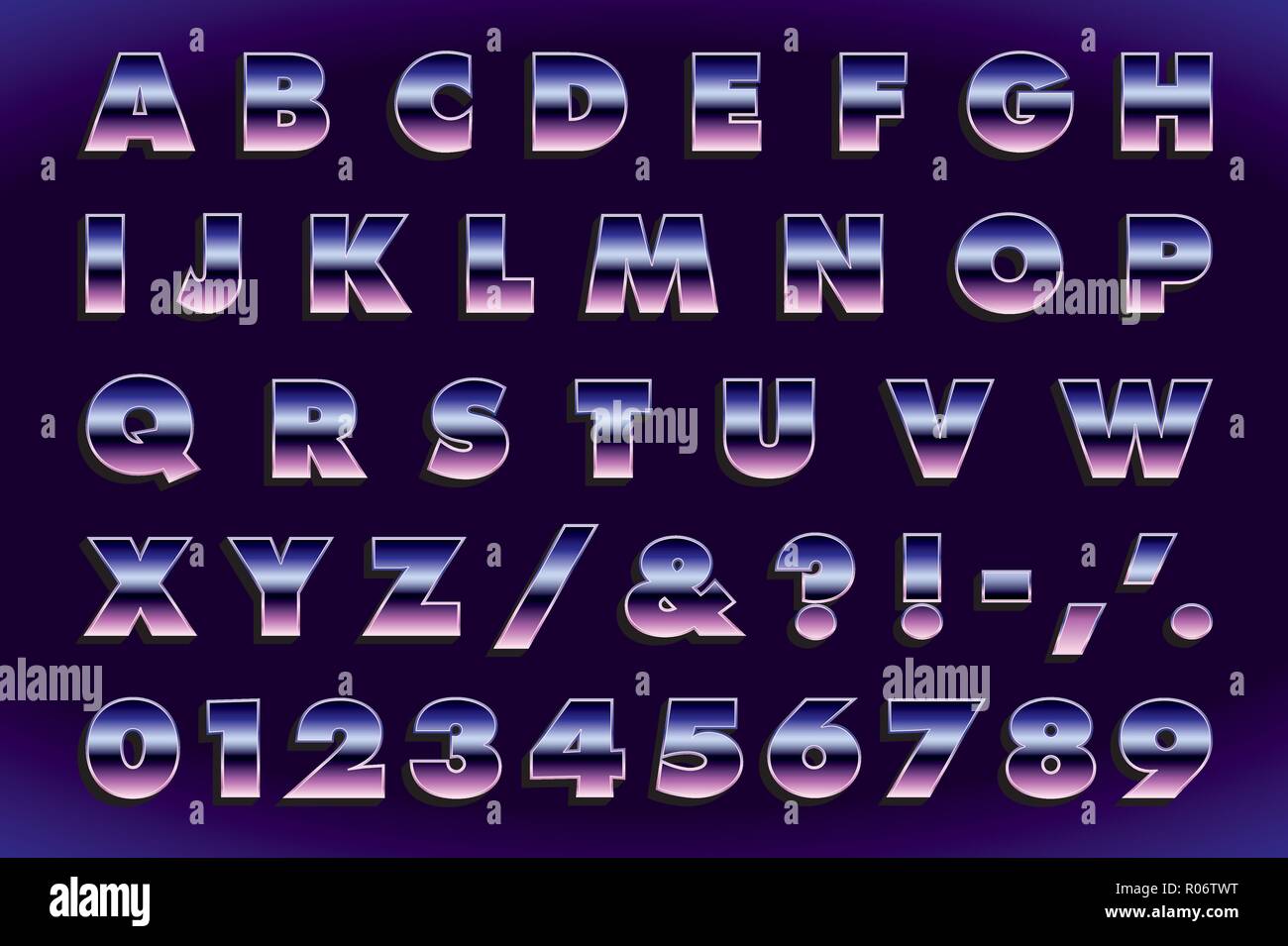 Retro 80's Letters - Metallic Type. Vector Alphabet, Symbols, Numbers ...