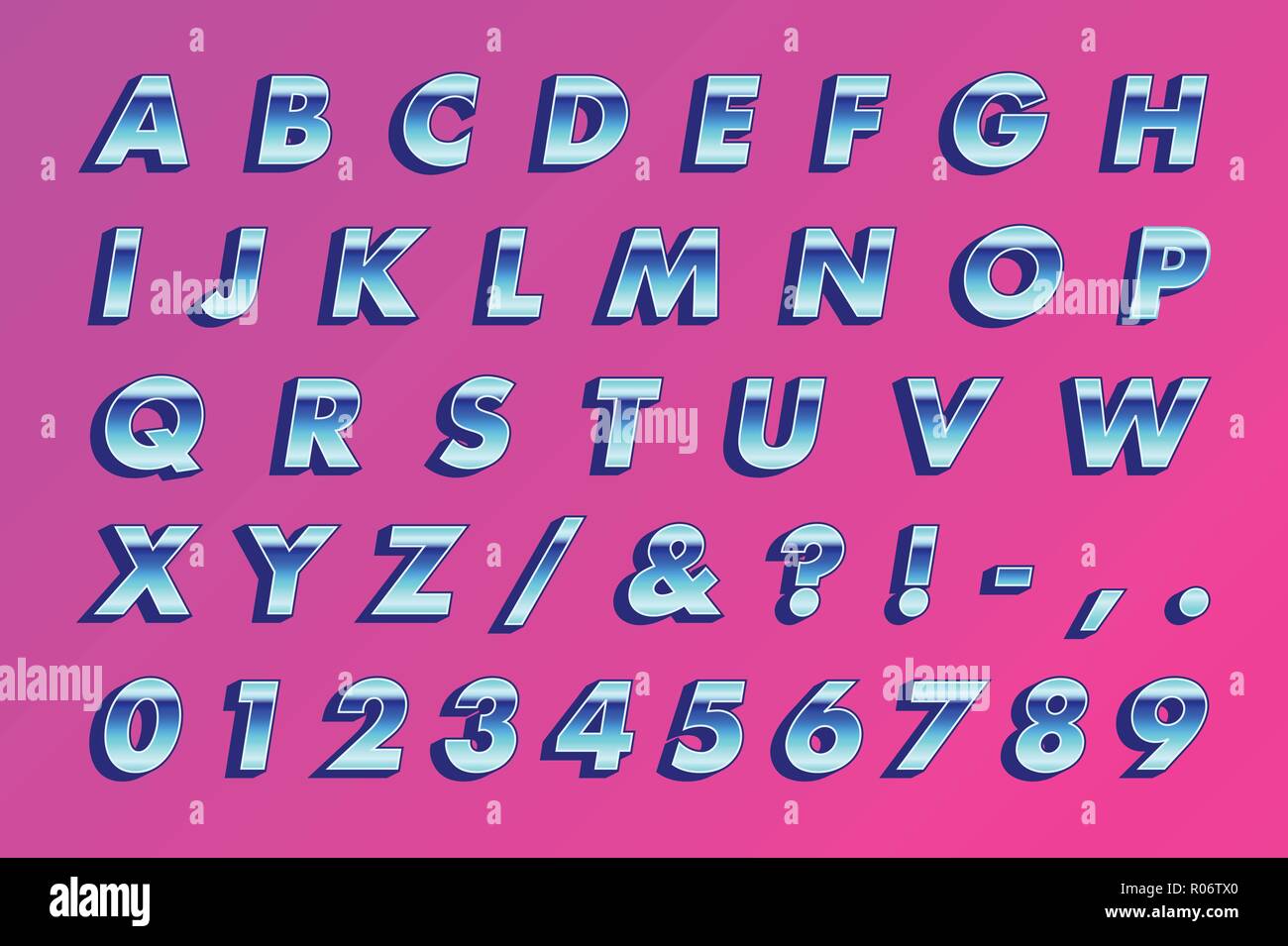 Retro 80's Letters - Metallic Type. Vector Alphabet, Symbols, Numbers ...