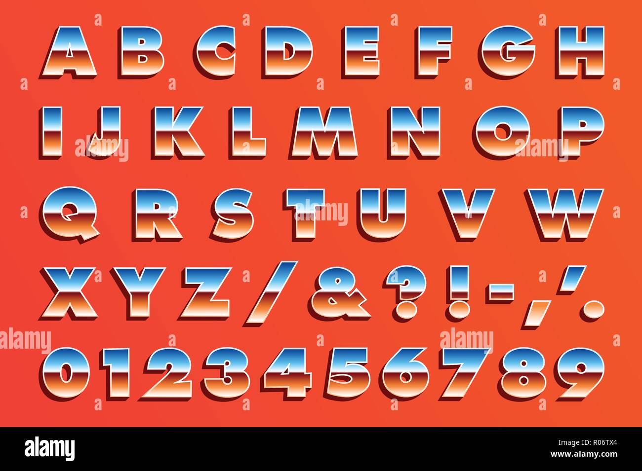 Retro 80's Letters - Metallic Type. Vector Alphabet, Symbols, Numbers ...