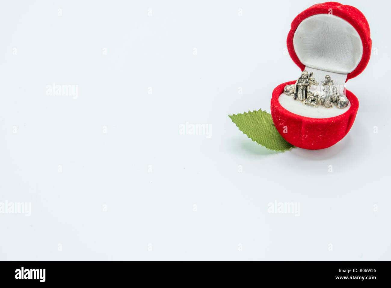 Christian nativity scene silver figures inside a red rose flower jewel ...