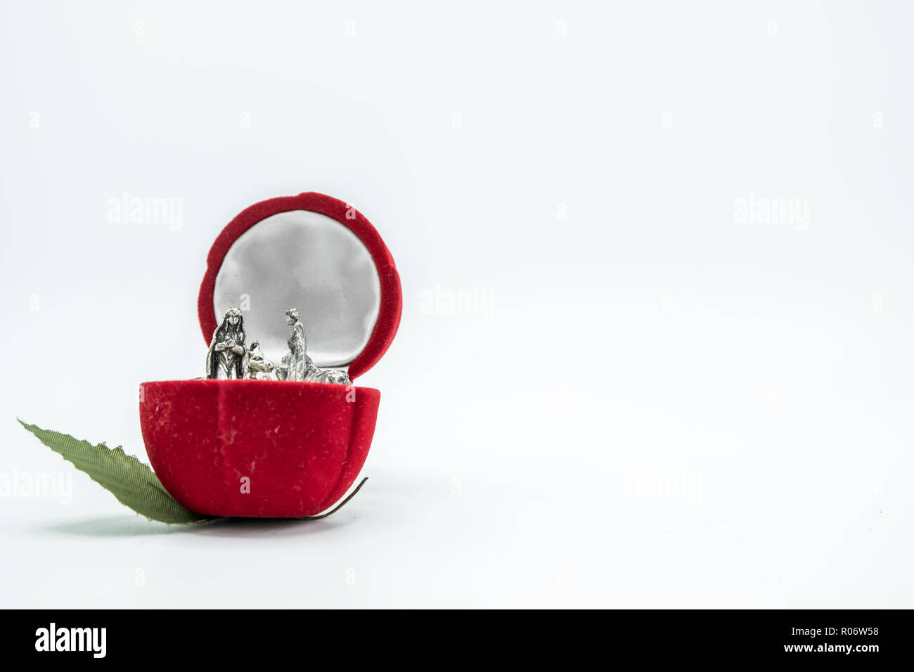 Christian nativity scene silver figures inside a red rose flower jewel ...