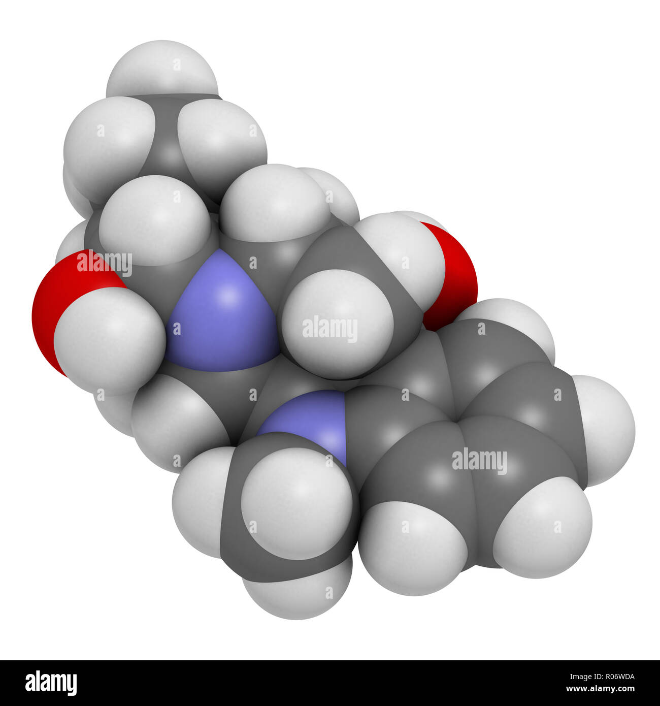 Ajmaline antiarrhytmic agent molecule. 3D rendering. Atoms are ...