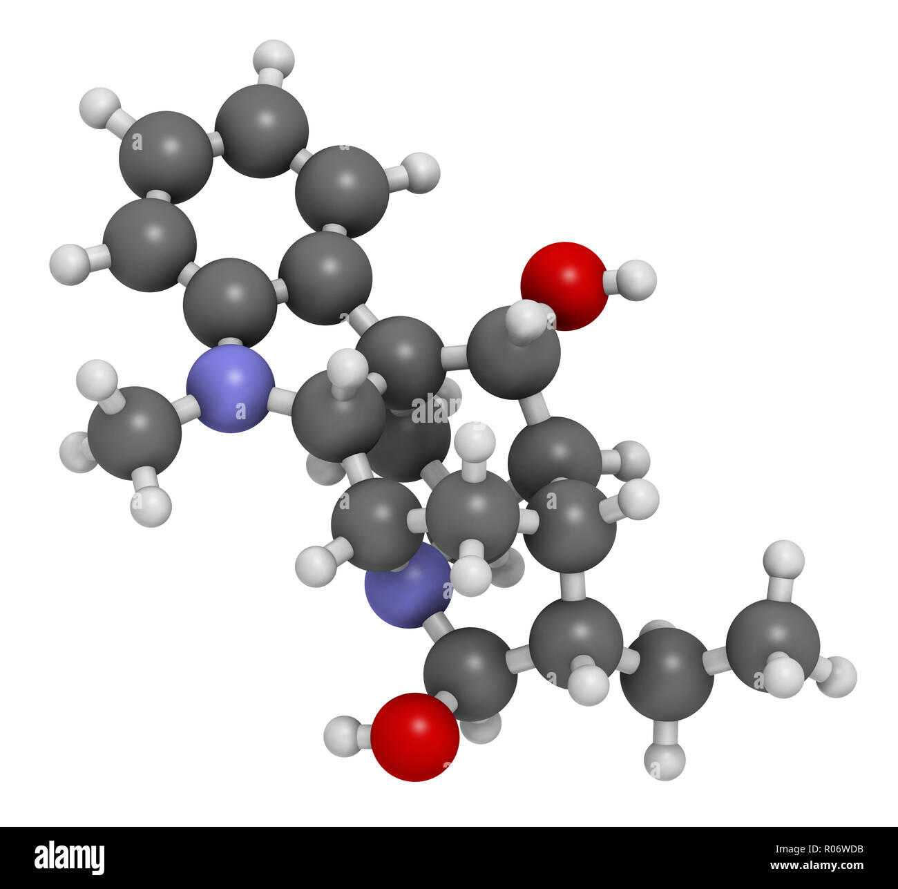Ajmaline antiarrhytmic agent molecule. 3D rendering. Atoms are ...