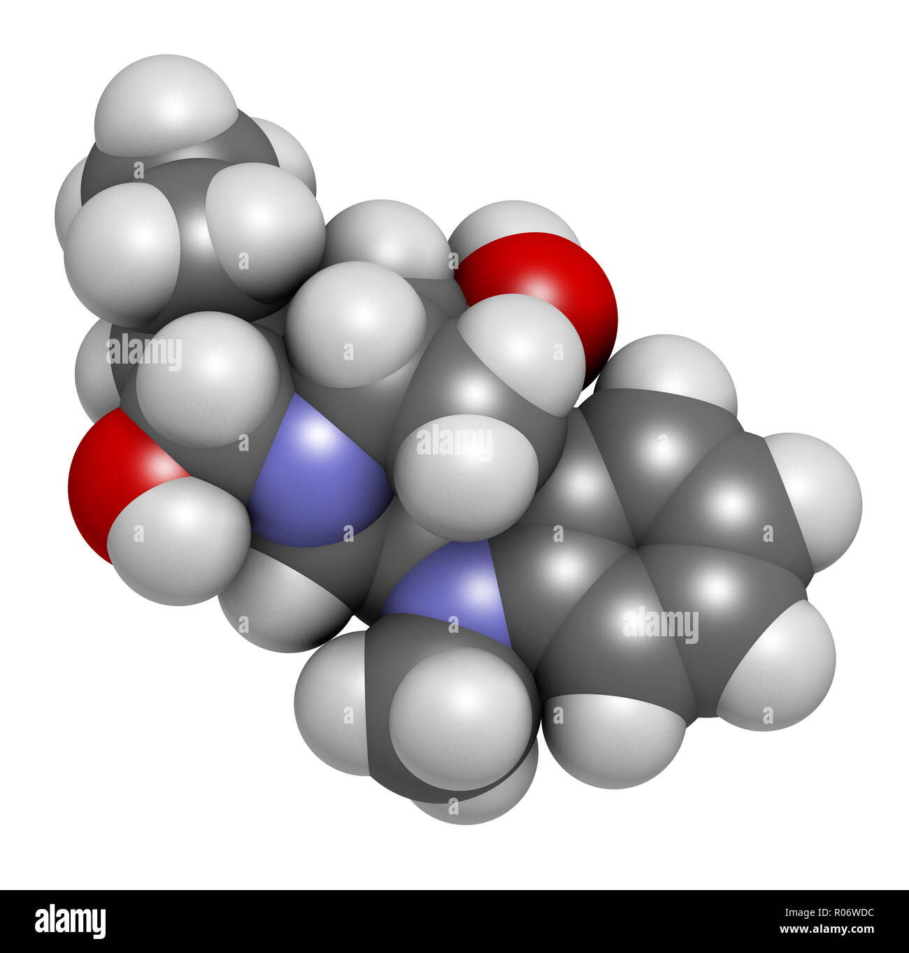 Ajmaline antiarrhytmic agent molecule. 3D rendering. Atoms are ...