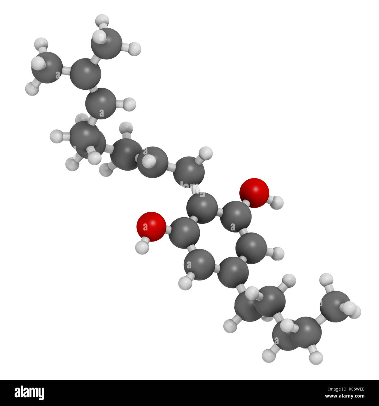 Cannabigerol cannabinoid molecule. 3D rendering. Atoms are represented ...