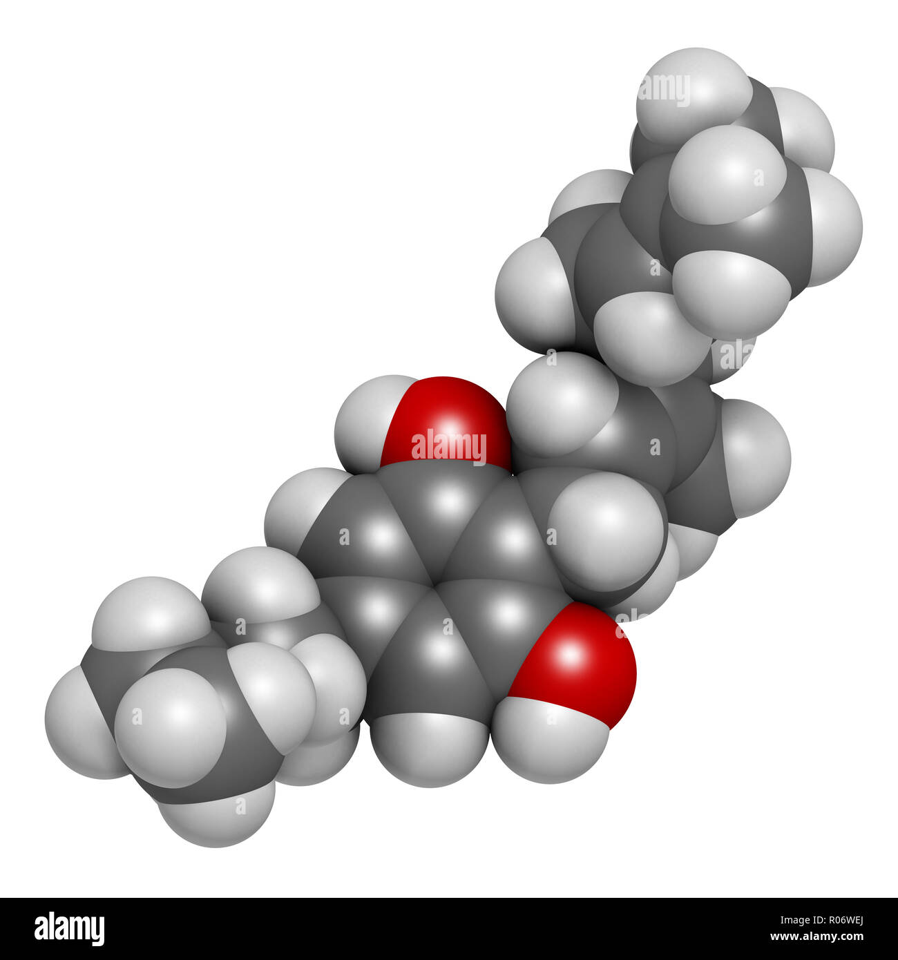 Cannabigerol cannabinoid molecule. 3D rendering. Atoms are represented ...