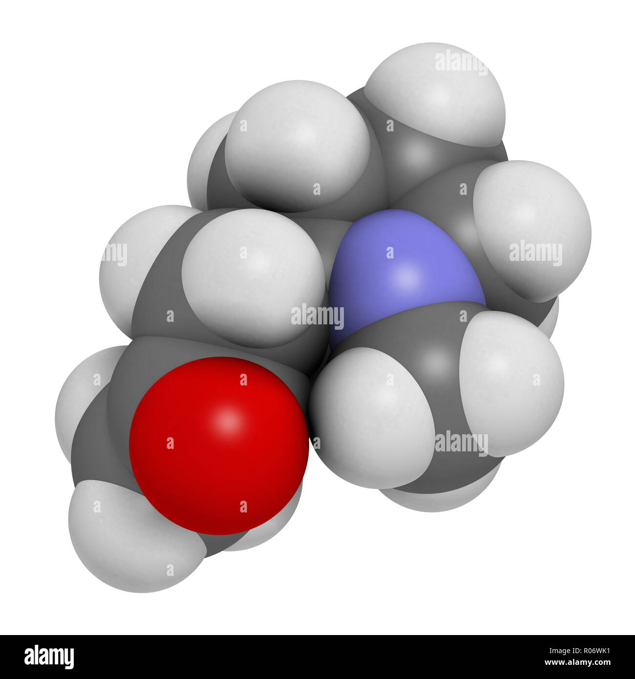 Hygrine coca alkaloid molecule. 3D rendering. Atoms are represented as ...