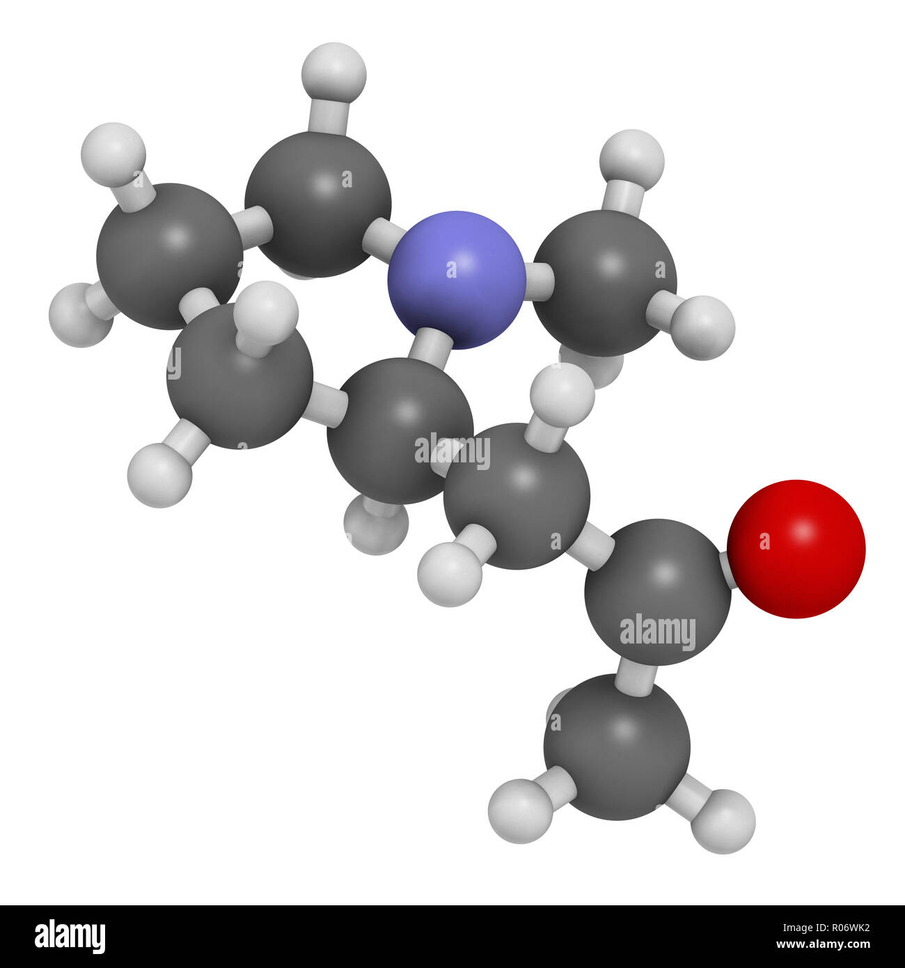 Hygrine coca alkaloid molecule. 3D rendering. Atoms are represented as ...