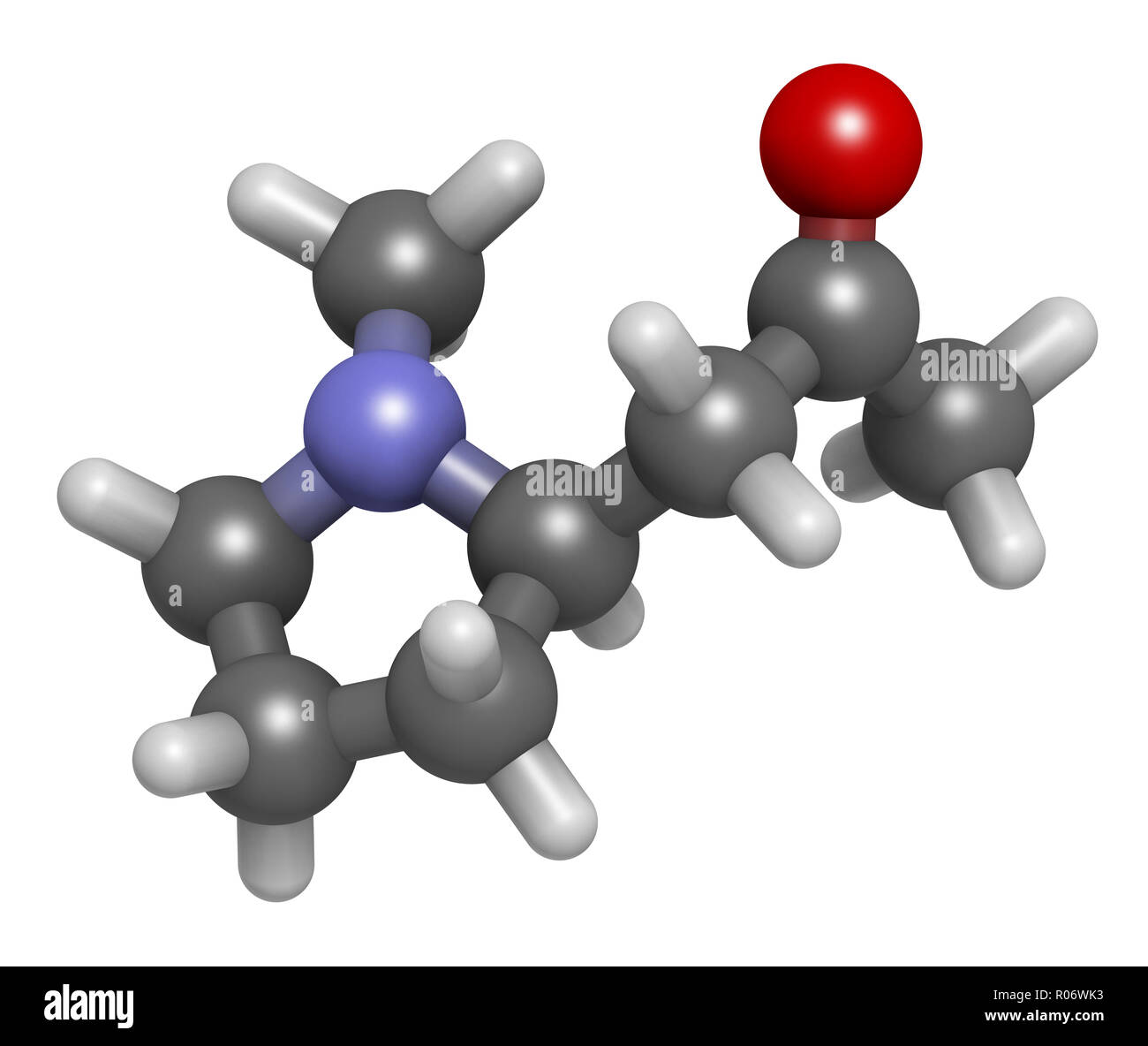 Hygrine coca alkaloid molecule. 3D rendering. Atoms are represented as ...