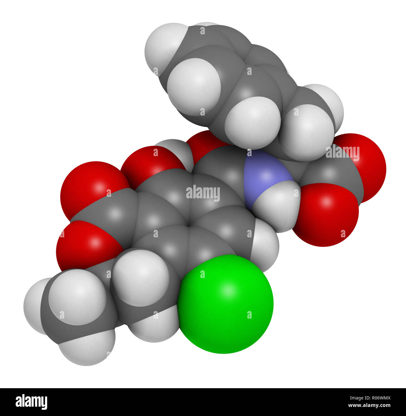 Ochratoxin A mycotoxin molecule. 3D rendering. Atoms are represented as ...