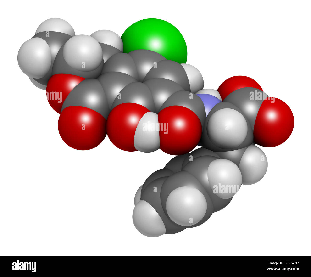 Ochratoxin A mycotoxin molecule. 3D rendering. Atoms are represented as ...