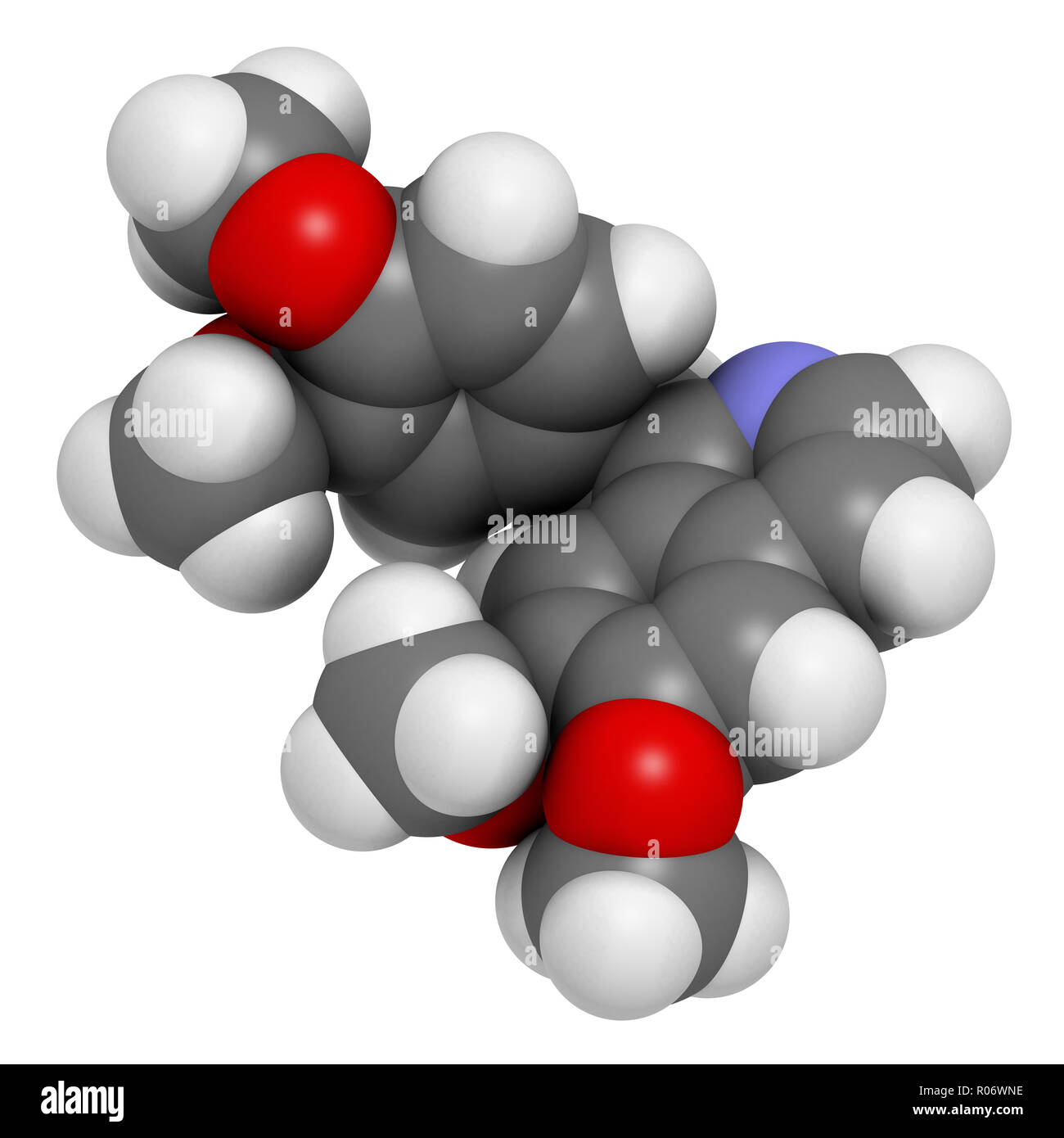Papaverine opium alkaloid molecule. Used as antispasmodic drug. 3D ...