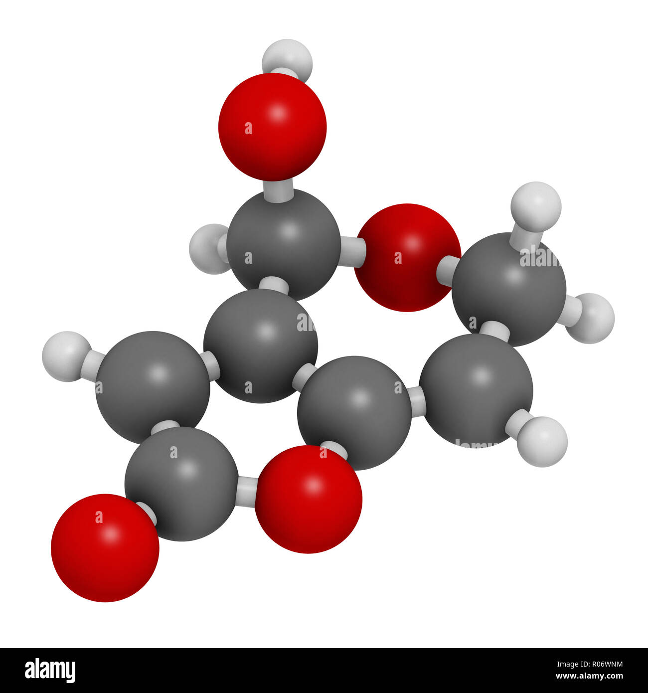 Patulin mycotoxin molecule. 3D rendering. Atoms are represented as ...