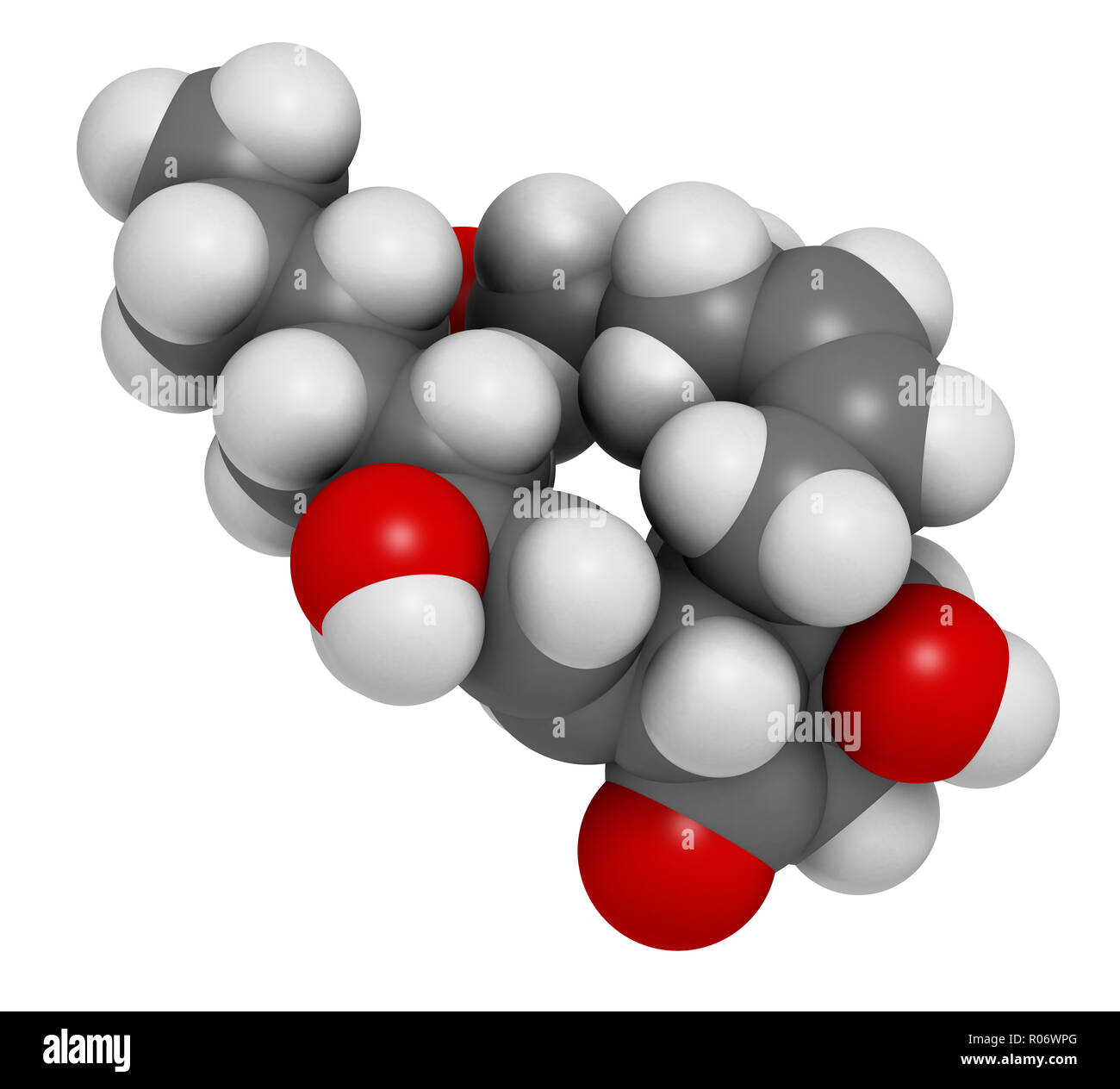 Prostaglandin D2 (PGD2) molecule. 3D rendering. Atoms are represented ...