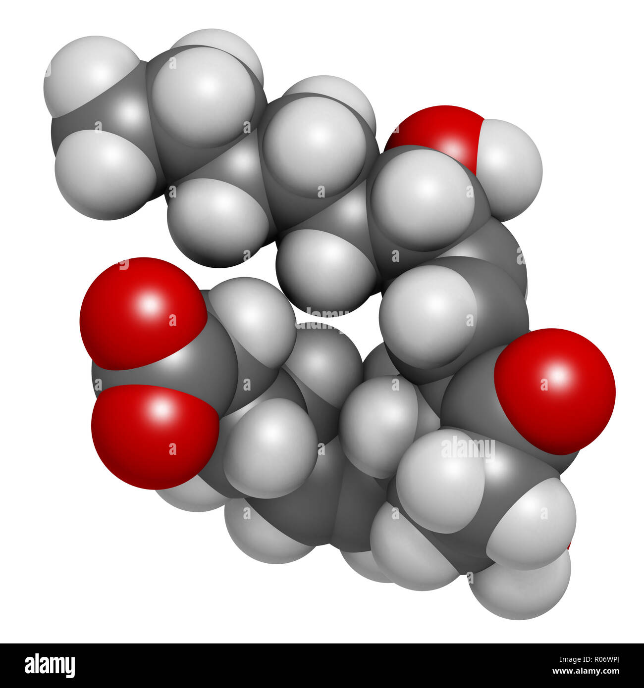 Prostaglandin D2 (PGD2) molecule. 3D rendering. Atoms are represented ...