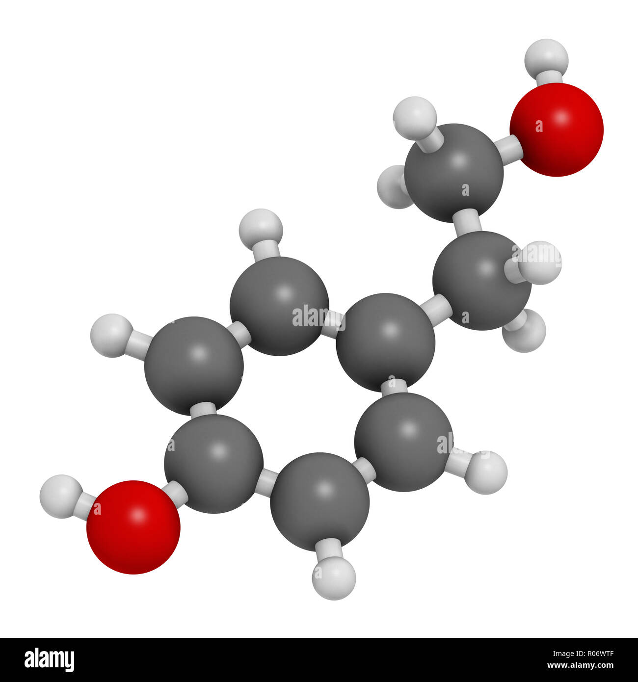 Tyrosol molecule. Antioxidant found in olive oil. 3D rendering. Atoms ...