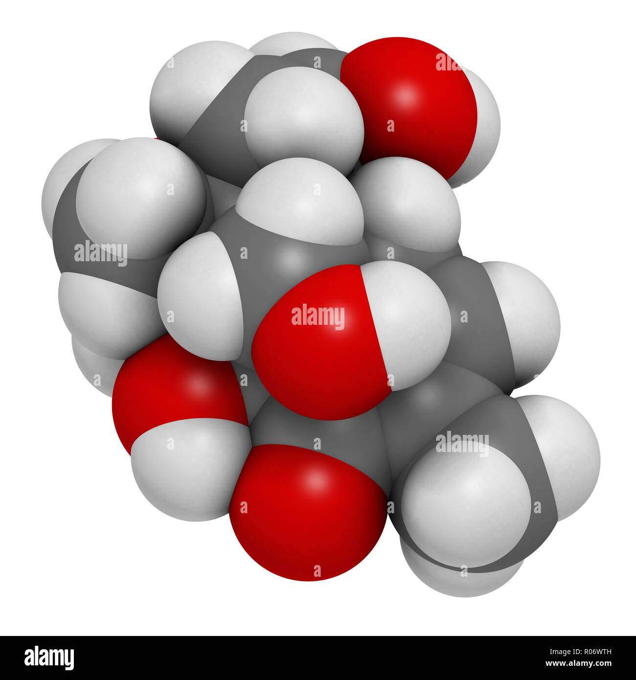 Vomitoxin (deoxynivalenol, DON) mycotoxin molecule. 3D rendering. Atoms ...