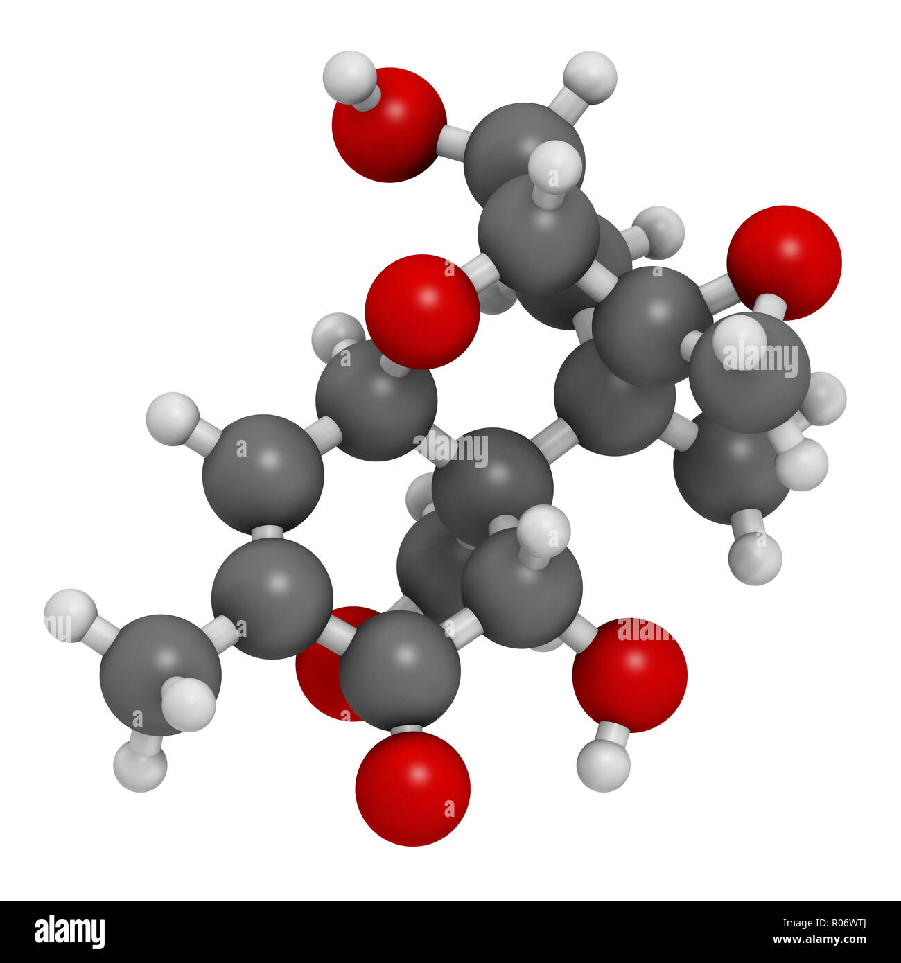 Vomitoxin (deoxynivalenol, DON) mycotoxin molecule. 3D rendering. Atoms ...