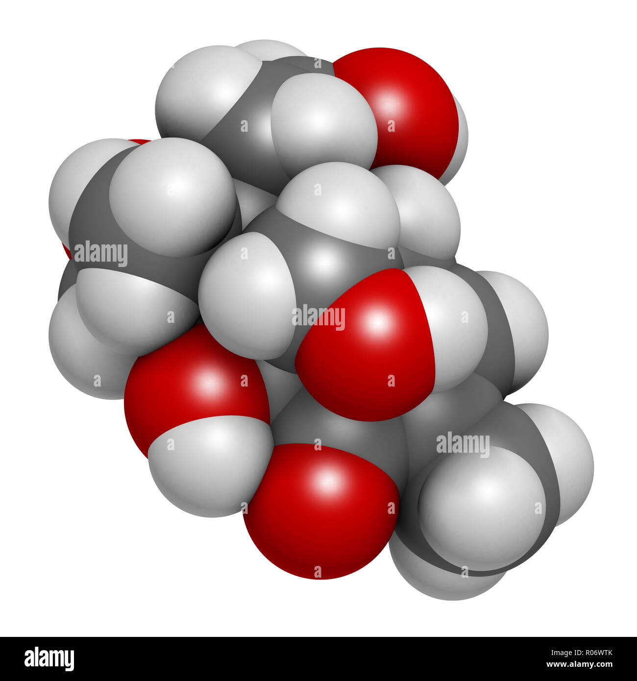 Vomitoxin (deoxynivalenol, DON) mycotoxin molecule. 3D rendering. Atoms ...