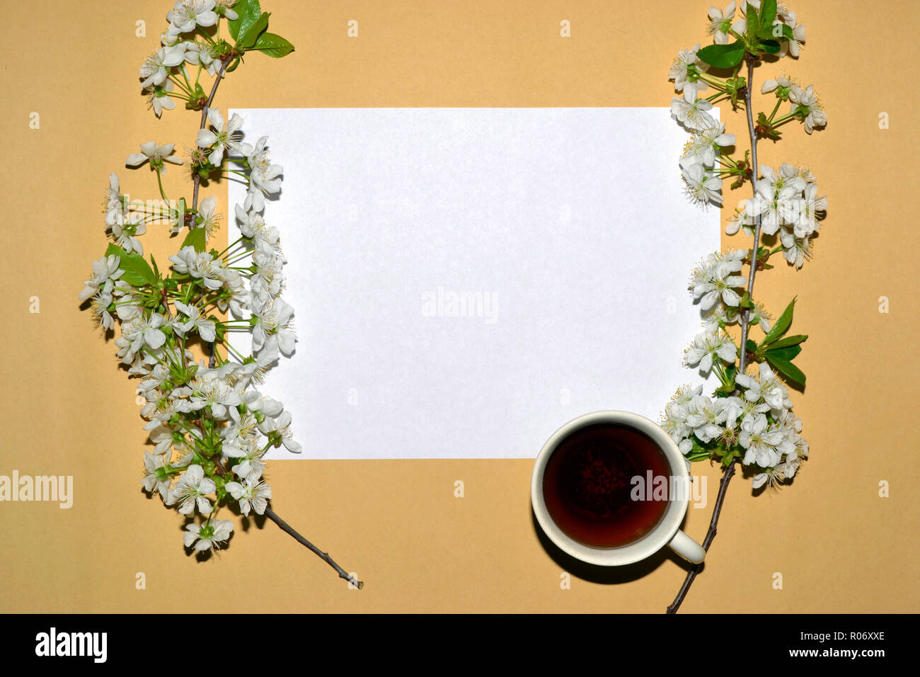 A frame of flowers around a white sheet of paper and a coffee mug Stock ...