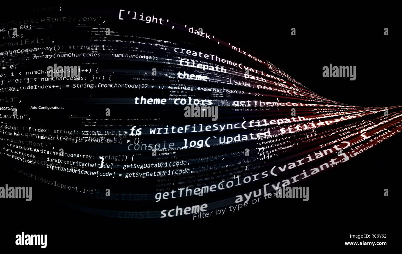 3D rendering abstract code in the virtual space. The computer code is ...