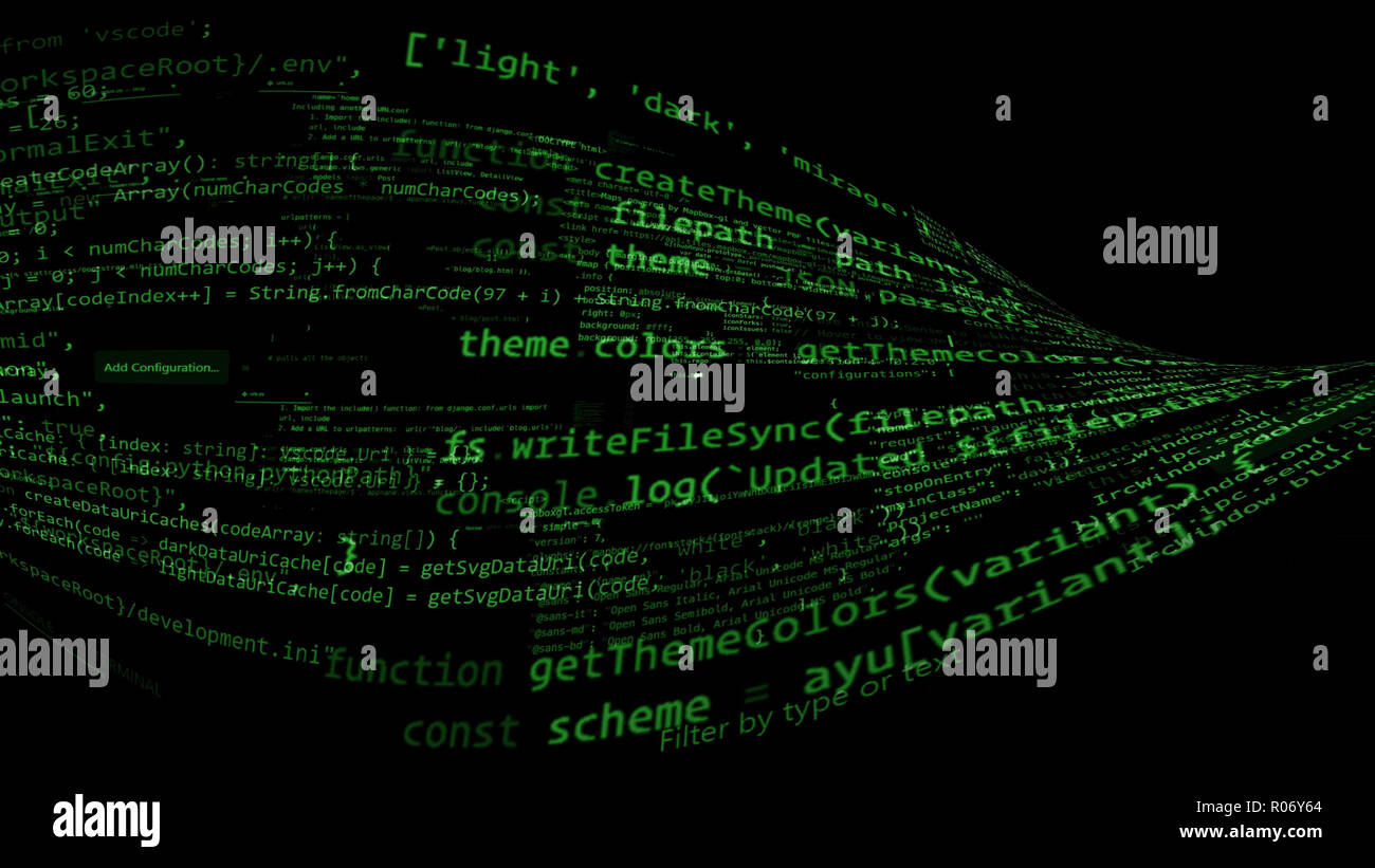 3D rendering abstract code in the virtual space. The computer code is ...