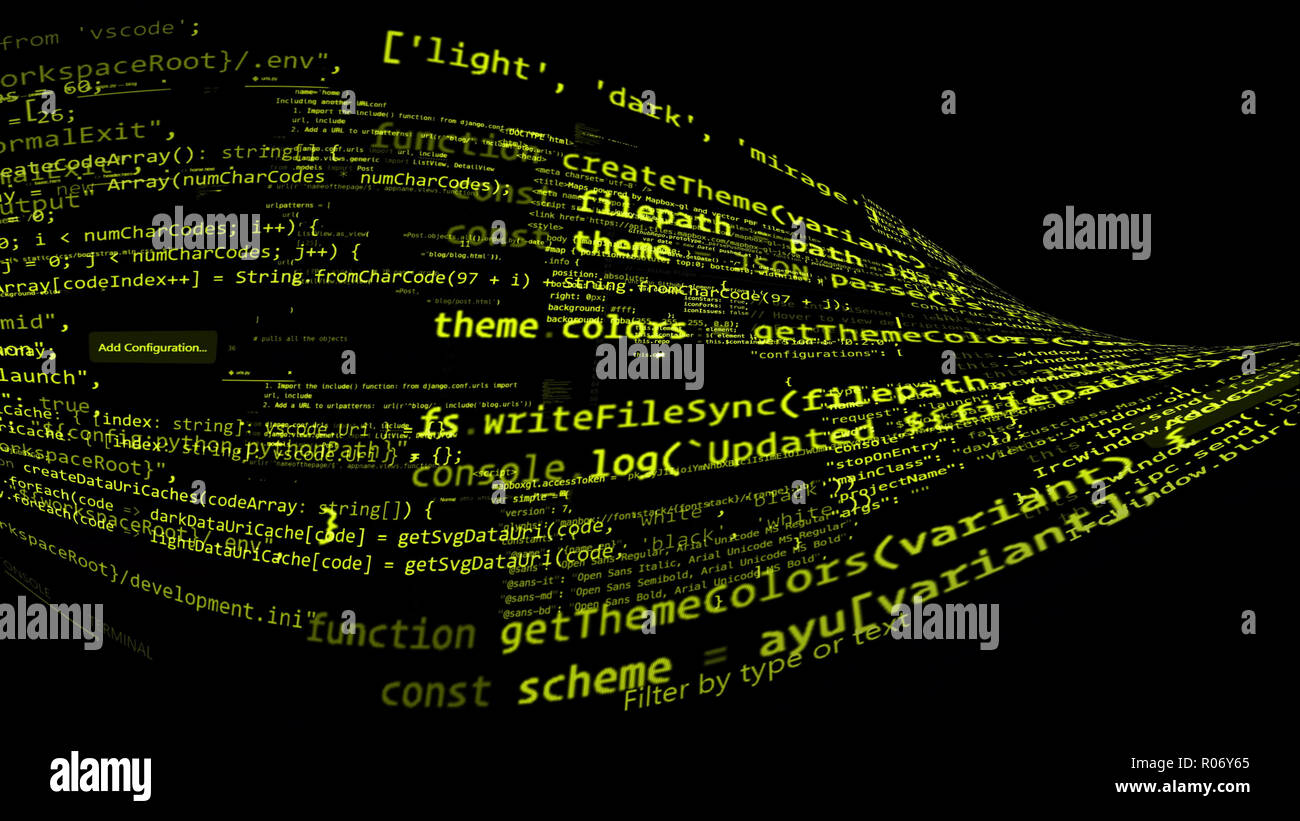 3D rendering abstract code in the virtual space. The computer code is ...