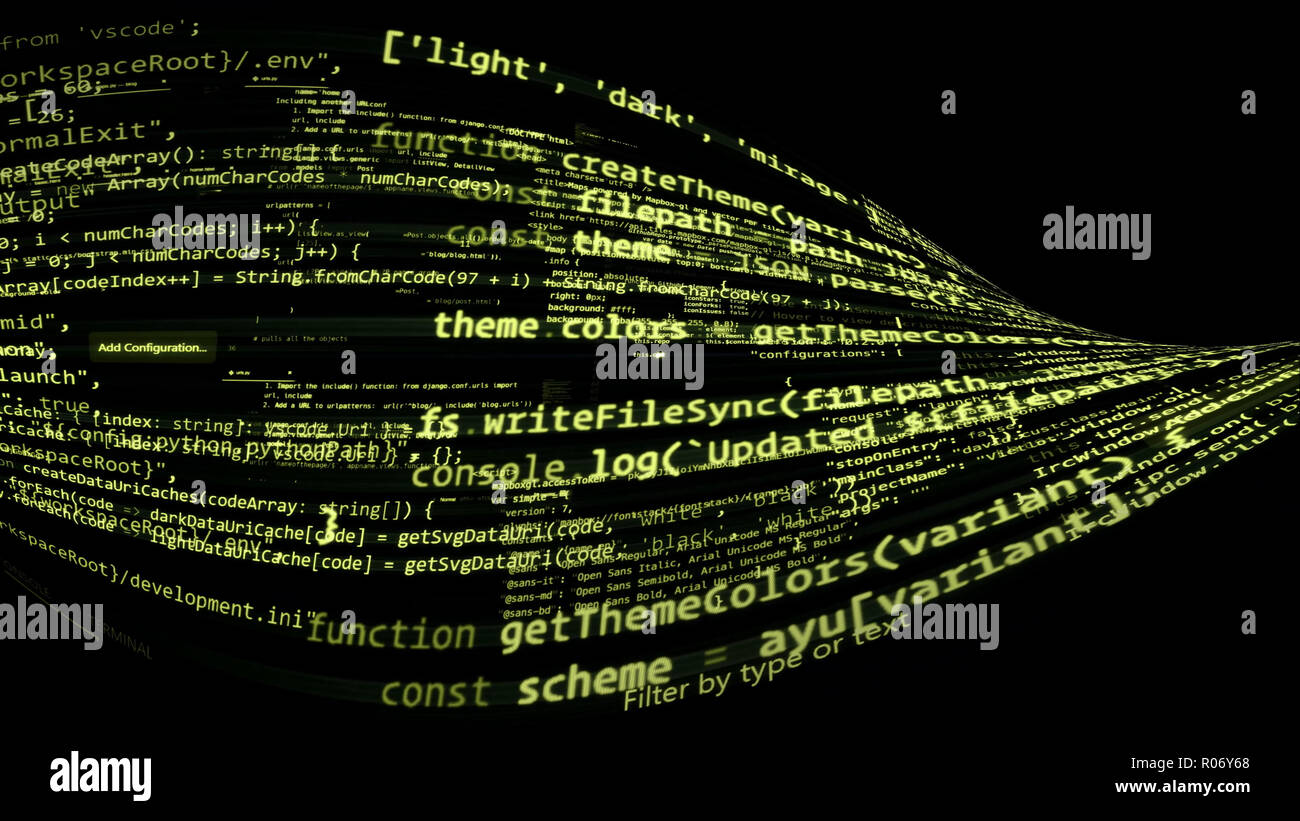 3D rendering abstract code in the virtual space. The computer code is ...