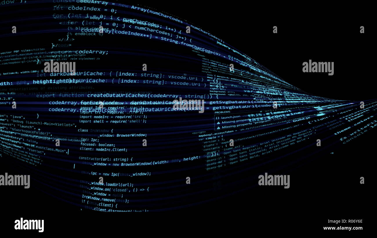 3D rendering abstract code in the virtual space. The computer code is ...
