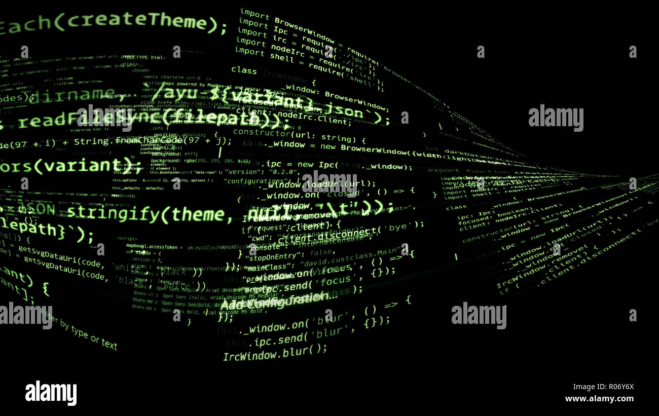 3D rendering abstract code in the virtual space. The computer code is ...