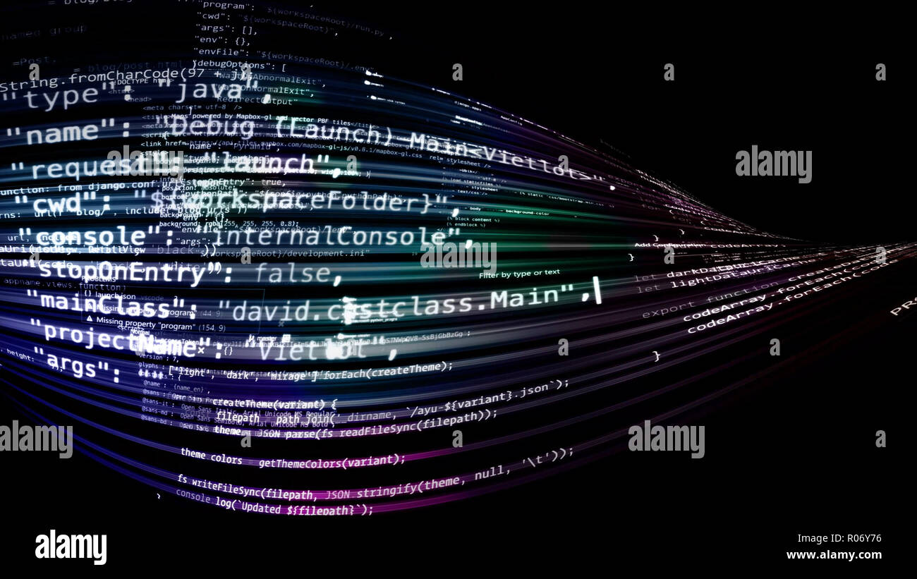 3D rendering abstract code in the virtual space. The computer code is ...