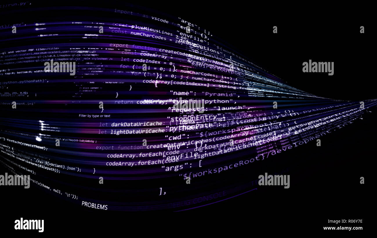 3D rendering abstract code in the virtual space. The computer code is ...