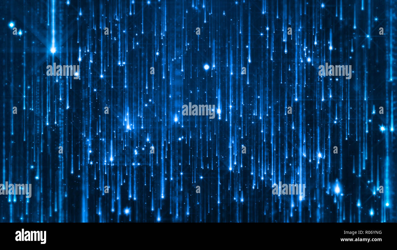 3D rendering of the falling of bright particles. Starfall on a dark ...