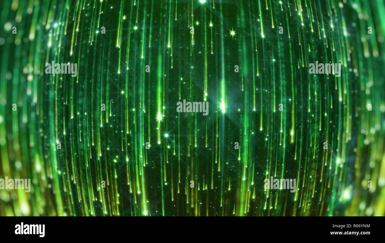 3D rendering of the falling of bright particles. Starfall on a dark ...