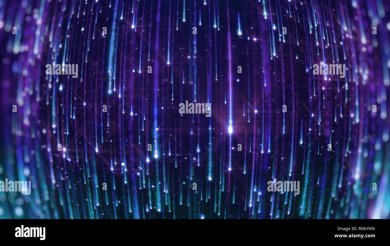 3D rendering of the falling of bright particles. Starfall on a dark ...