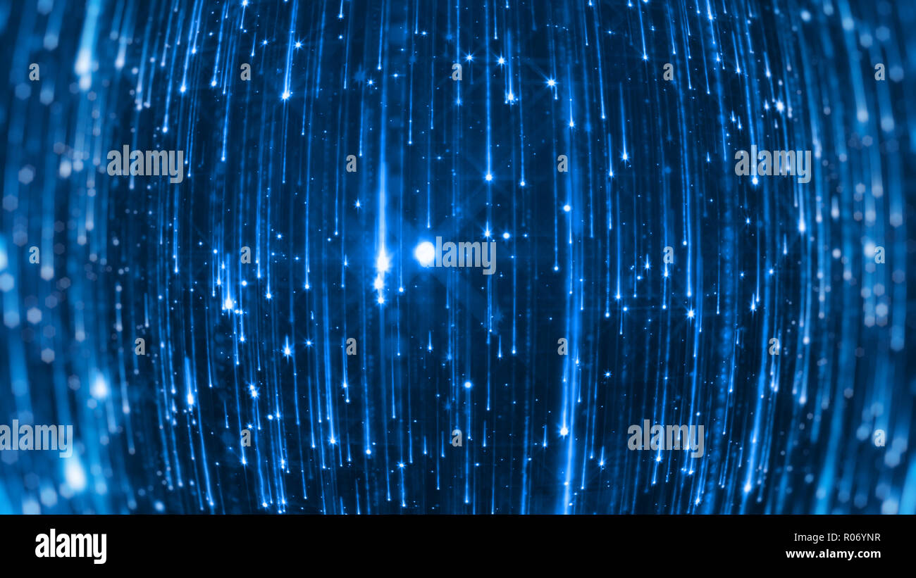 3D rendering of the falling of bright particles. Starfall on a dark ...