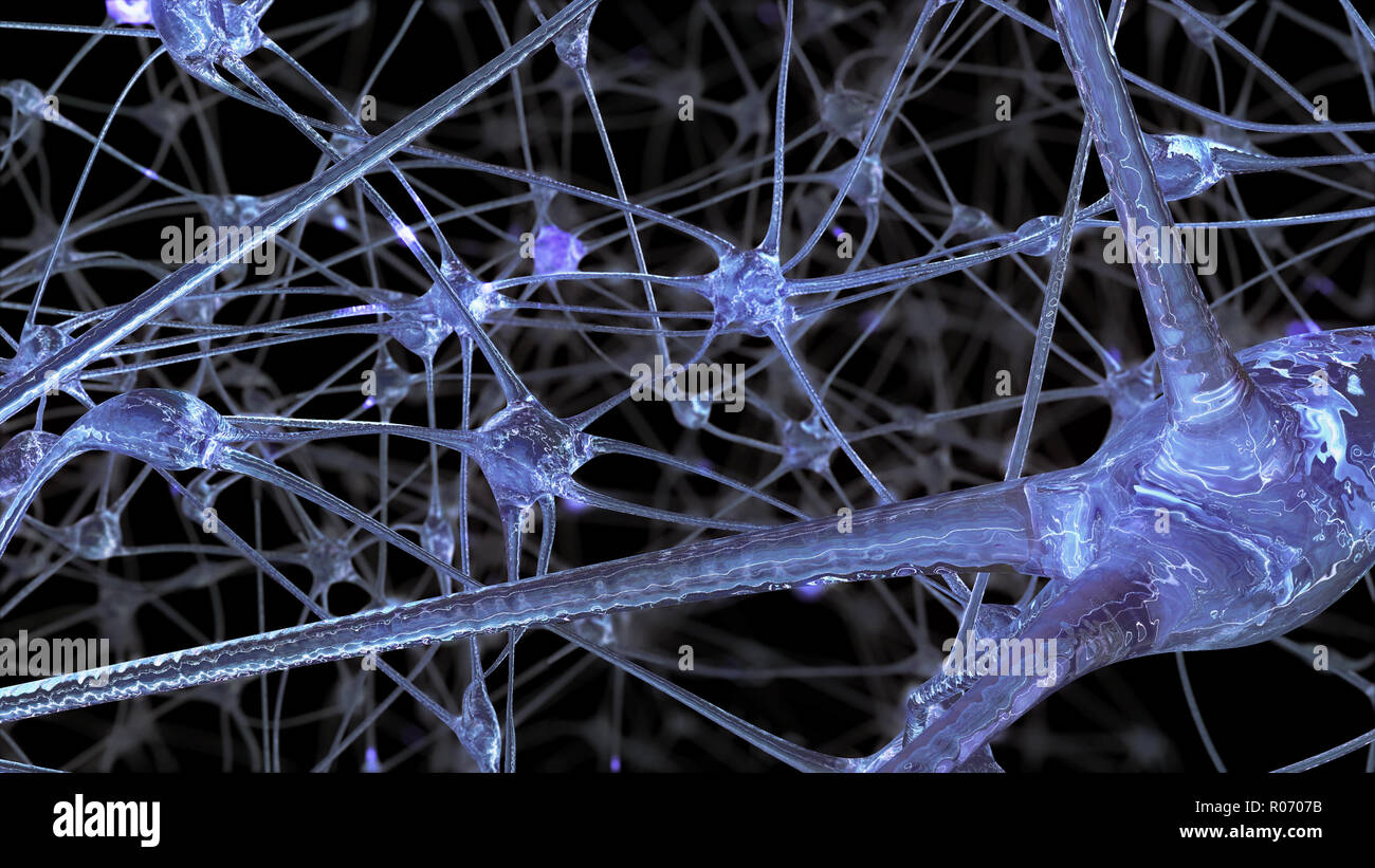 3D rendering of a network of neuron cells and synapses through which electrical impulses and ...