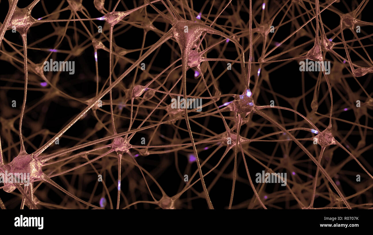 3D rendering of a network of neuron cells and synapses through which ...