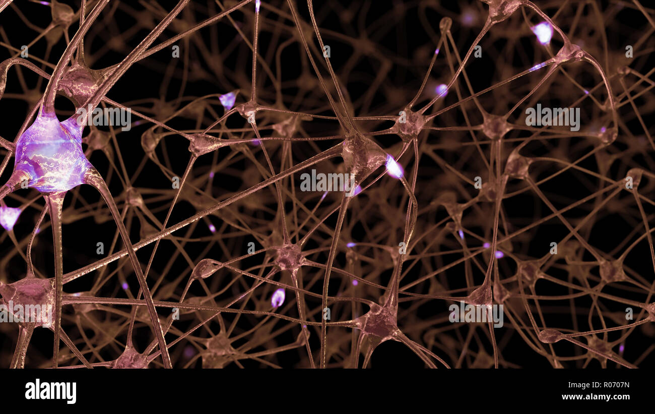 3D rendering of a network of neuron cells and synapses through which electrical impulses and ...