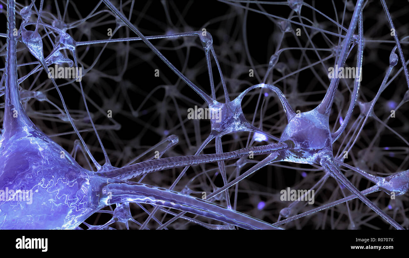 3D rendering of a network of neuron cells and synapses through which electrical impulses and ...