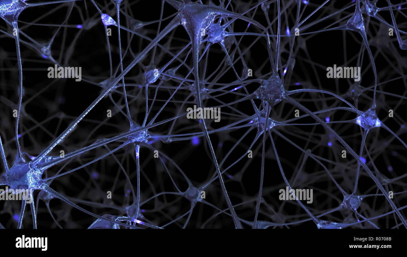 3D rendering of a network of neuron cells and synapses through which electrical impulses and ...