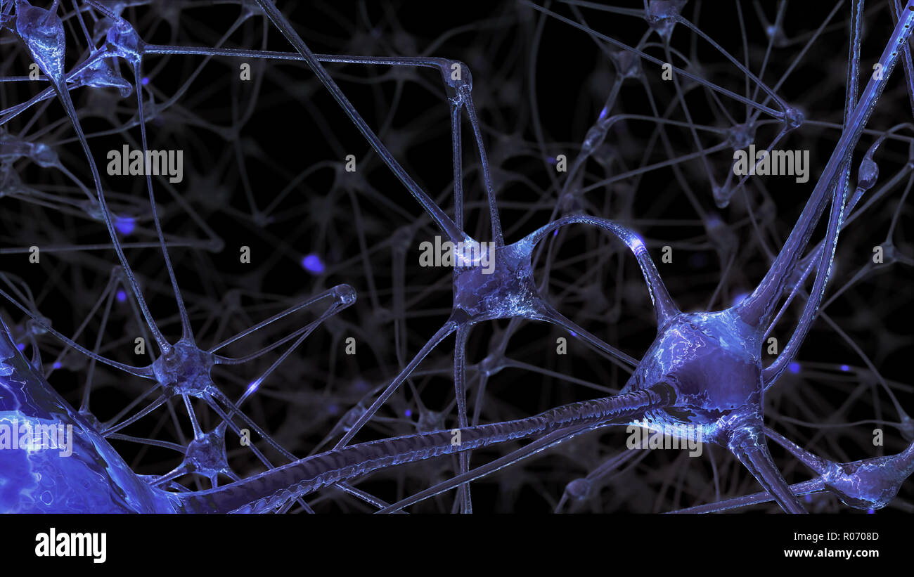 3D rendering of a network of neuron cells and synapses through which electrical impulses and ...
